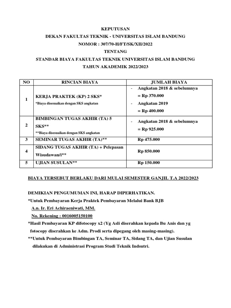 Pengumuman Biaya TA, KP, Dan Ujian Th. Ak 2022 - 2023 | PDF