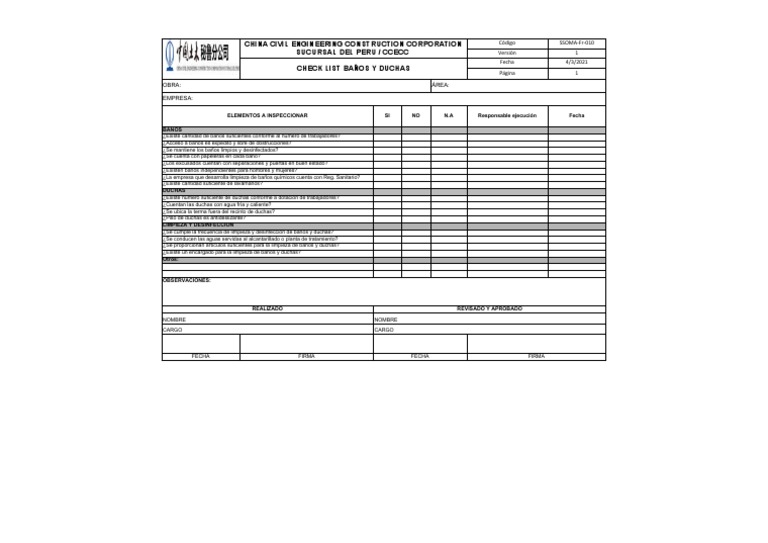 FOR - SSOMA-Fr-003 Check List Baños y Duchas | PDF FOR - SSOMA-Fr-003 Check List Baños y Duchas | PDF