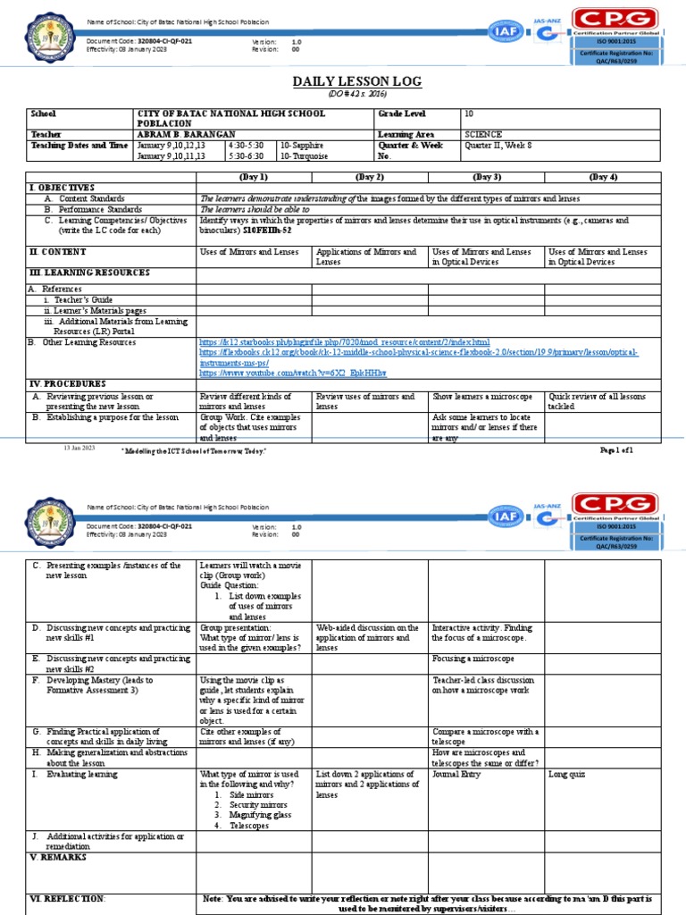 DLL-Science 10 Q2 w8 | PDF | Mirror | Learning