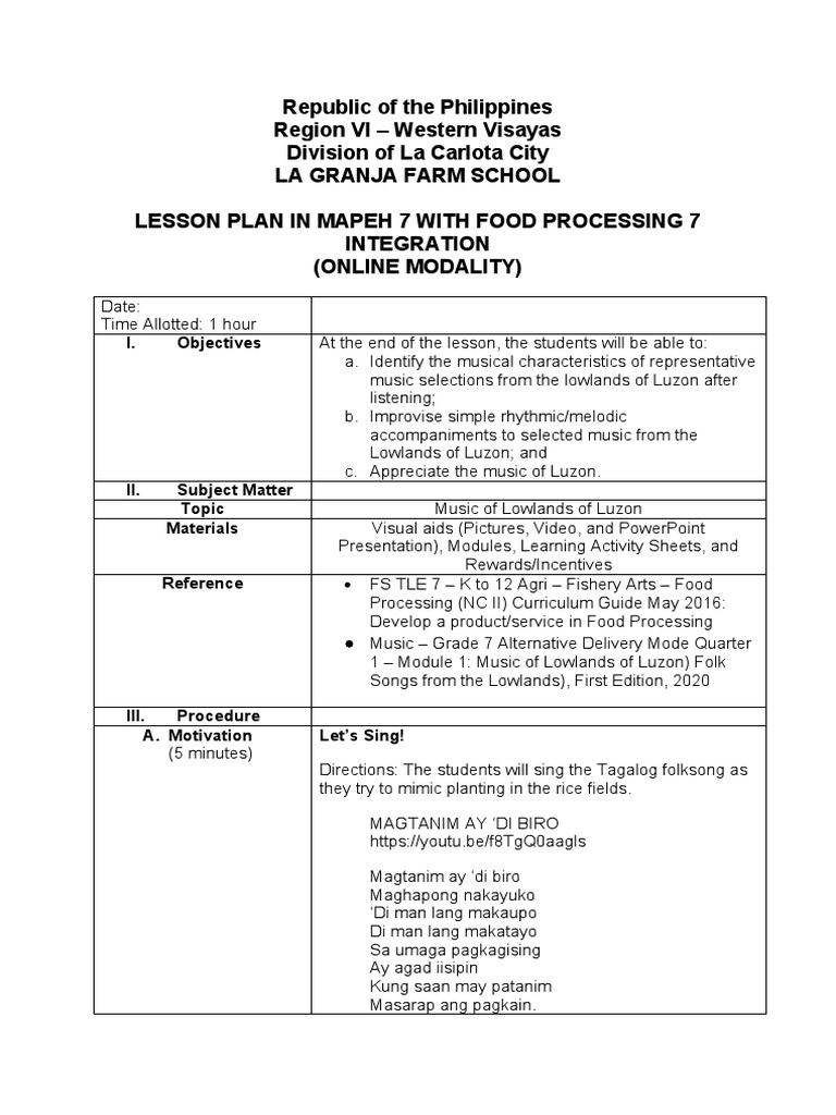 Food Processing Lesson Exemplar Pdf Songs Folk Music
