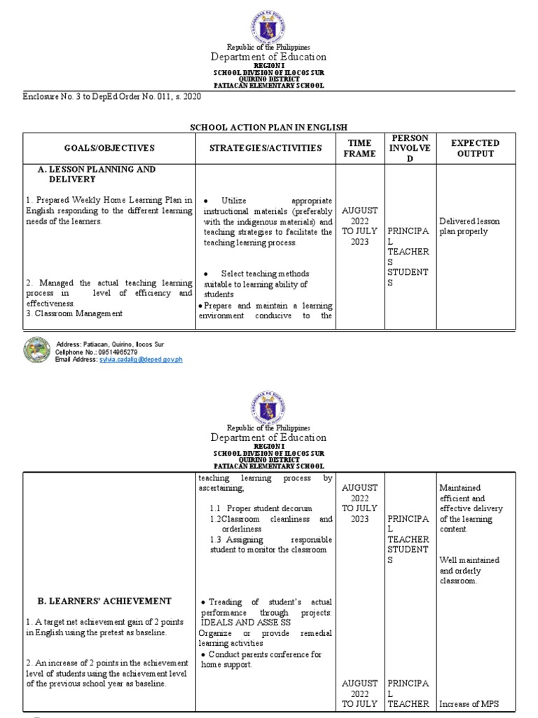 English Action Plan | PDF | Learning | Classroom