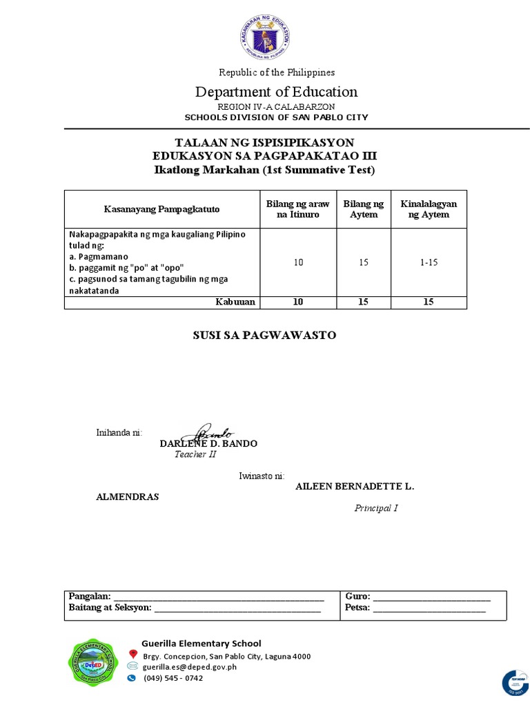 Esp 3 - 1ST Summative Test-Quarter 3 | PDF