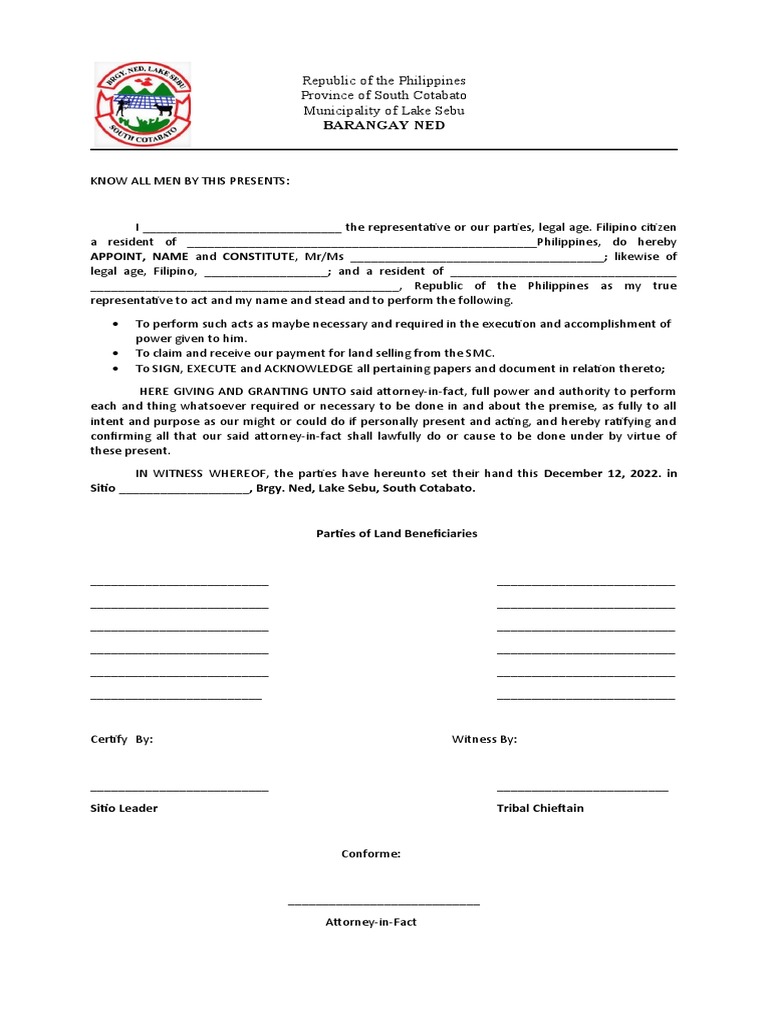 Barangay Ned: Republic of The Philippines Province of South Cotabato Municipality of Lake Sebu ...