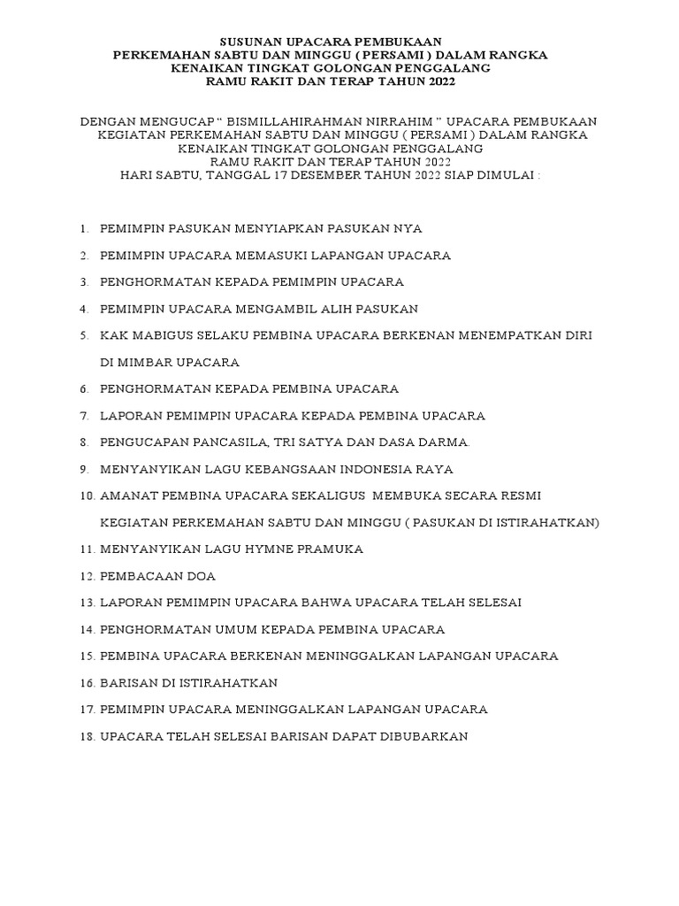 Opening Ceremony Schedule of Saturday and Sunday Camp (PERSAMI) for ...