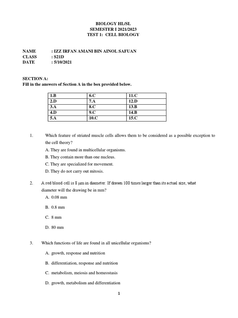 Biology Cell Biology Test 2021 | PDF | Cell Membrane | Cell (Biology)
