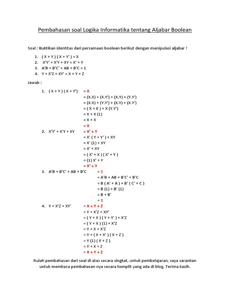 Pembahasan Soal Logika Informatika Tentang Aljabar Boolean | PDF