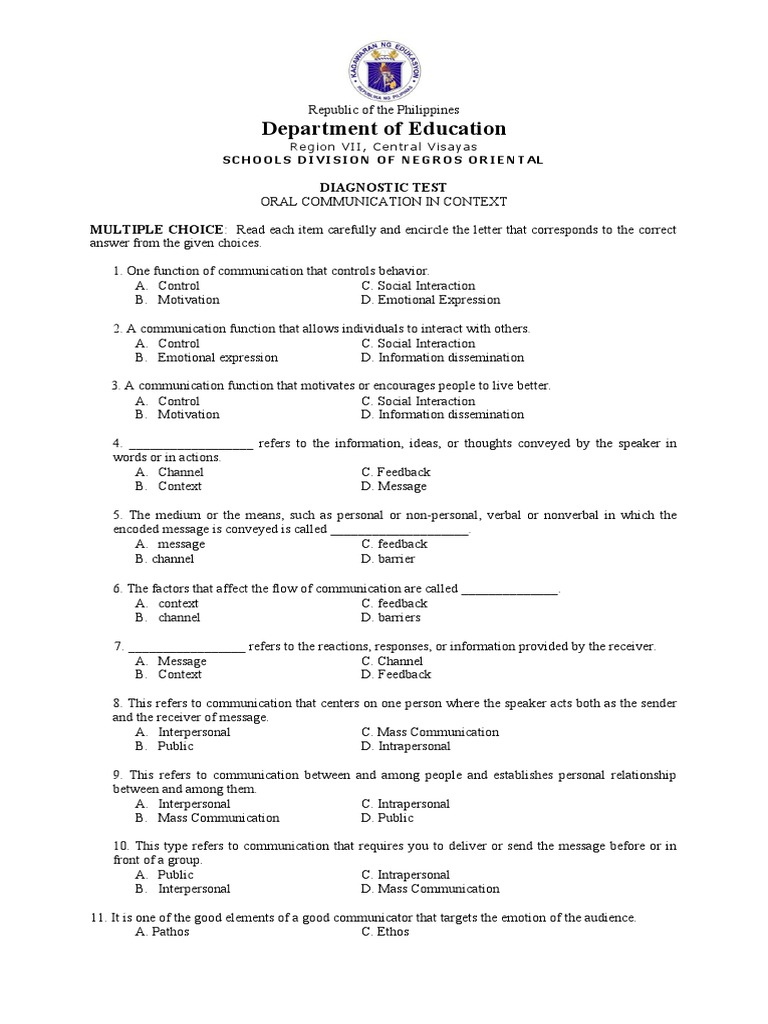 Diagnostic Test - Oral Comm - with Answer Key | PDF | Communication ...