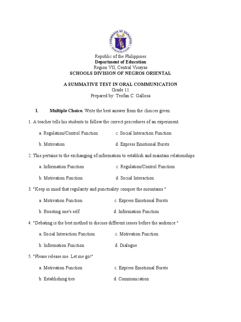 Summative Test: Oral Communication Grade 11 | PDF | Communication ...