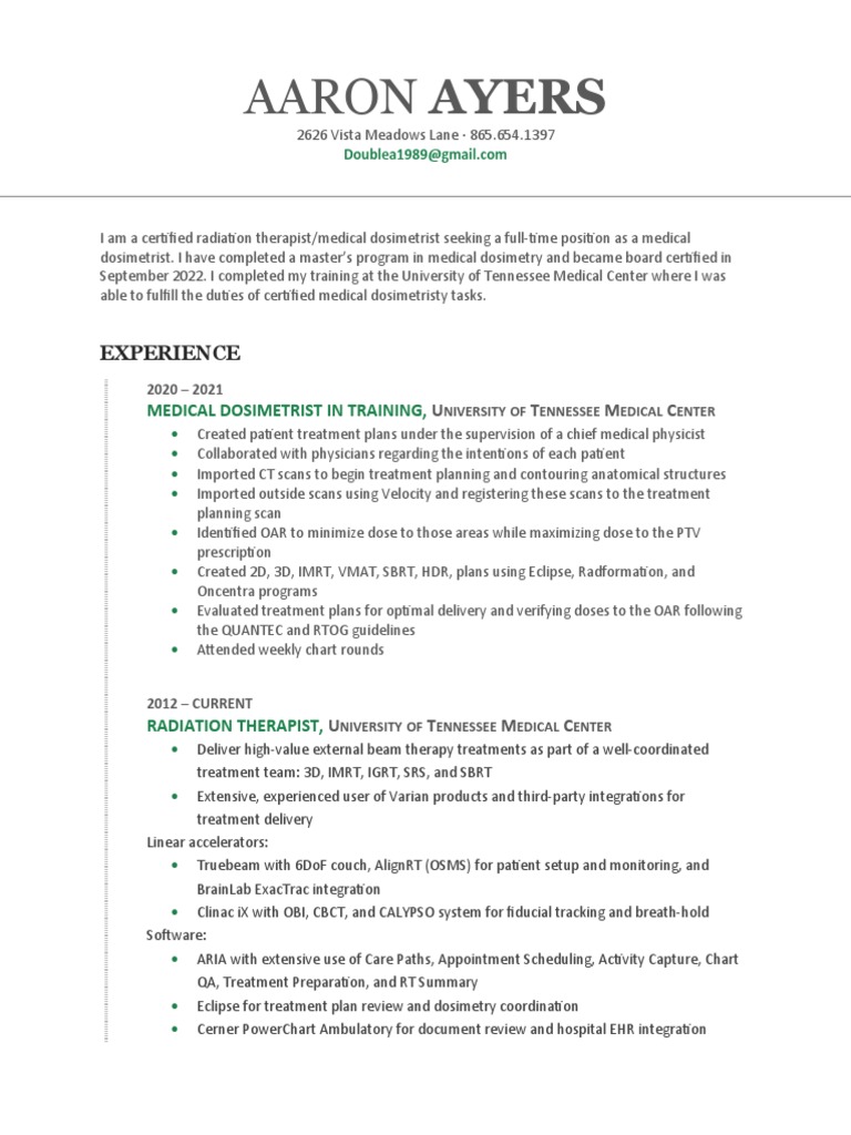 Aaron Ayers Resume | PDF | Radiation Therapy | Medical Physics