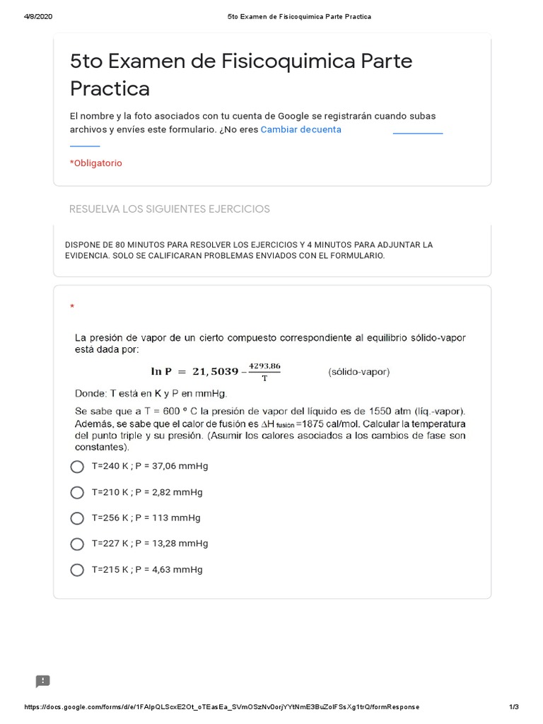 5to Examen de Fisicoquimica Parte Practica | PDF