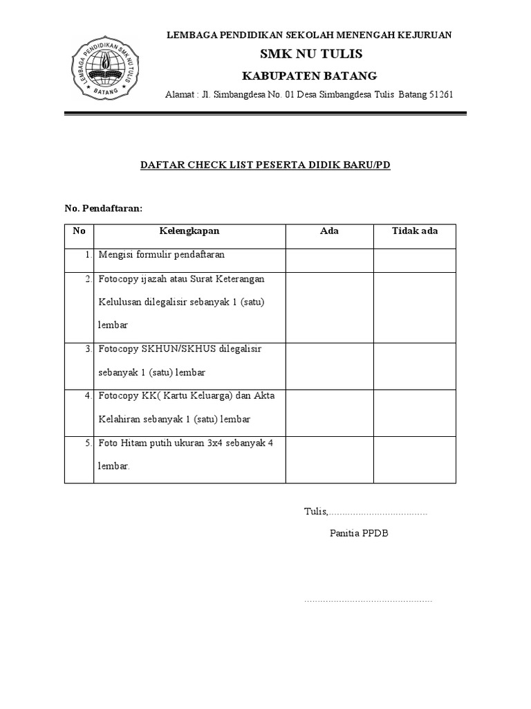 Daftar Check List Peserta Didik Baru | PDF