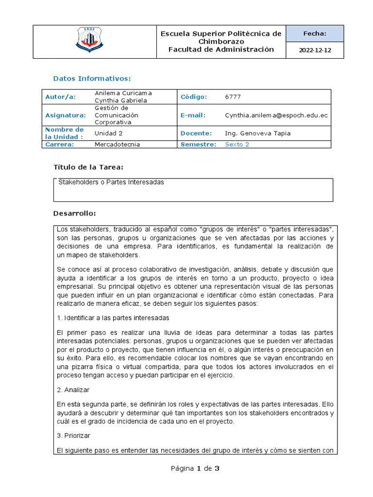 TAREA - UNIDAD 2 - Stakeholders | PDF | Marketing | Business