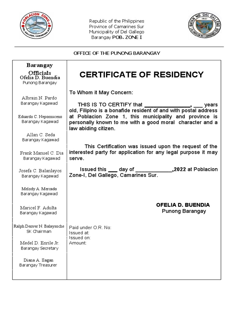 Certificate of Residency from the Office of the Punong Barangay of ...