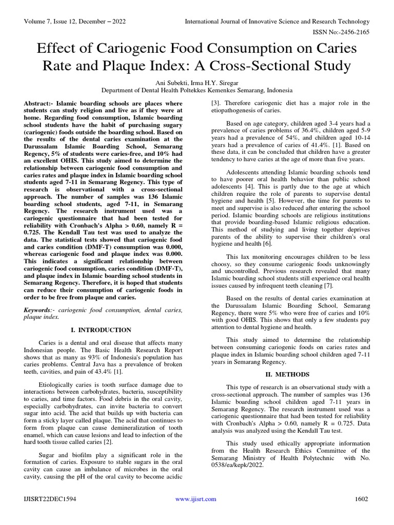 Effect of Cariogenic Food Consumption On Caries Rate and Plaque Index A ...