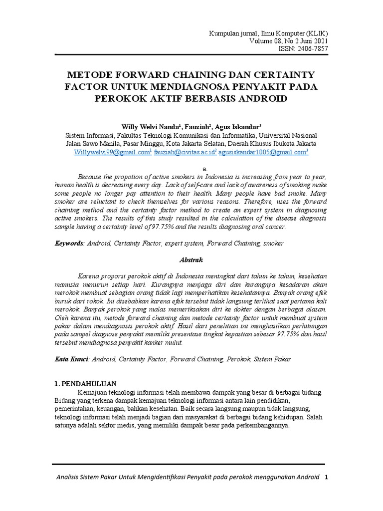 METODE FORWARD CHAINING DAN CERTAINTY FACTOR UNTUK MENDIAGNOSA PENYAKIT PADA PEROKOK AKTIF ...