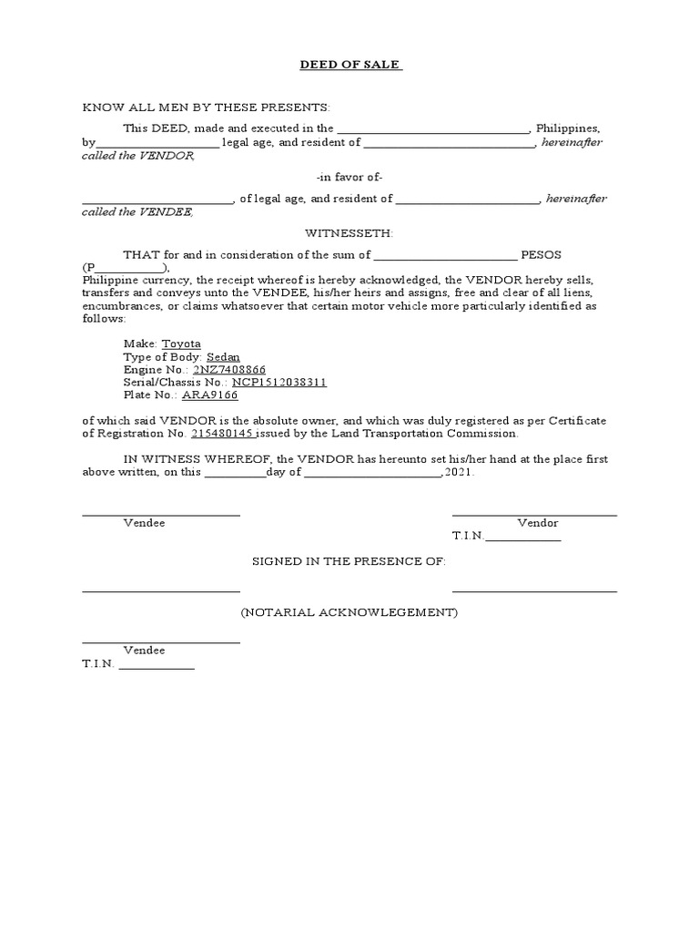 Deed of Sale of Car Vehicle-Format | PDF