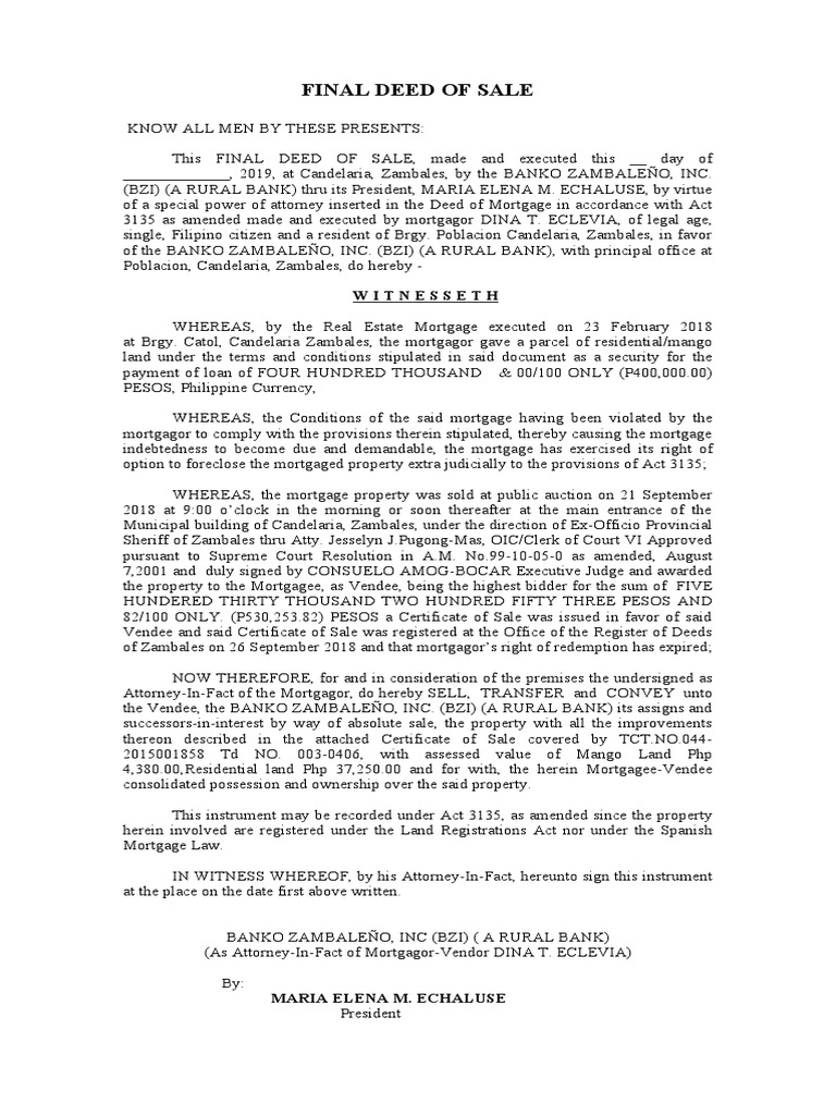 Final Deed of Sale-Format | PDF | Mortgage Law | Government
