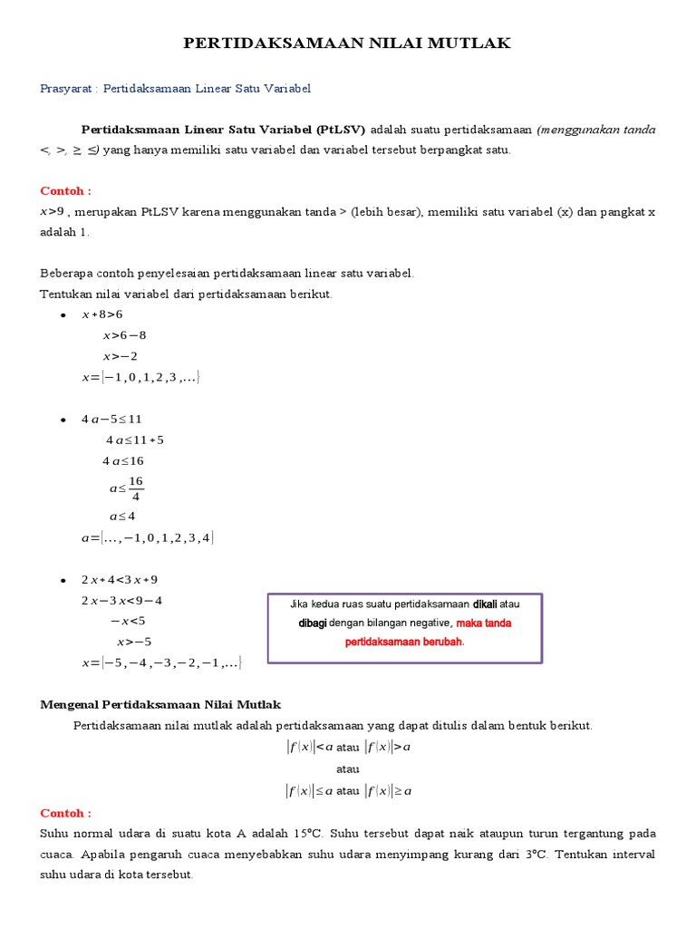 Pertidaksamaan Nilai Mutlak: Penjelasan dan Contoh | PDF