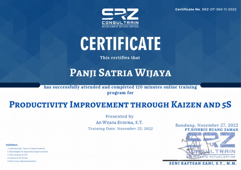 Certificate No. SRZ-OT-360-11-2022-Panji Satria Wijaya | PDF