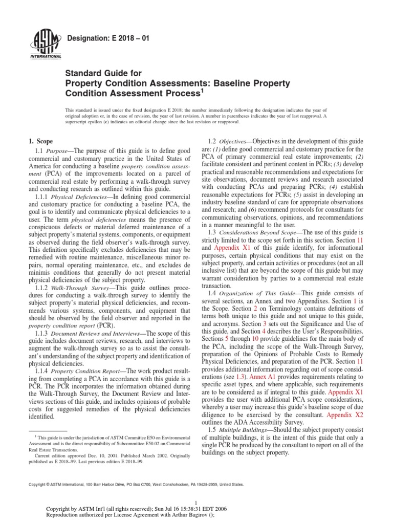ASTM E2018-01 Standard Guide For Property Condition Assessments ...
