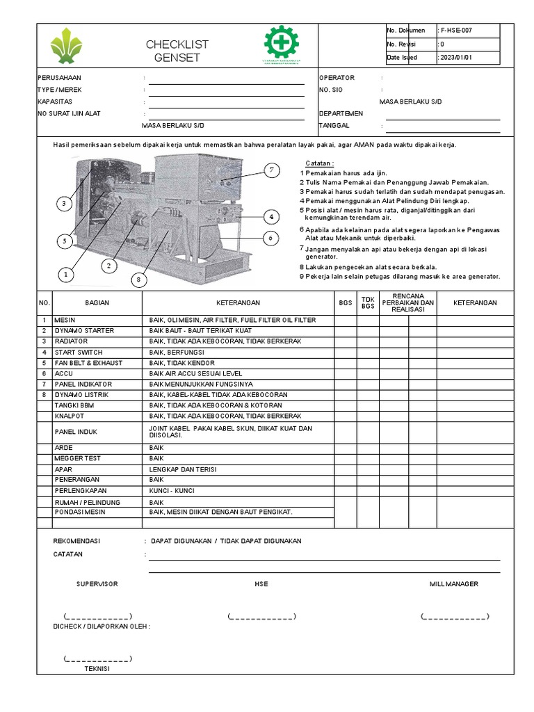 Checklist Pemeliharaan Genset 2023 | PDF