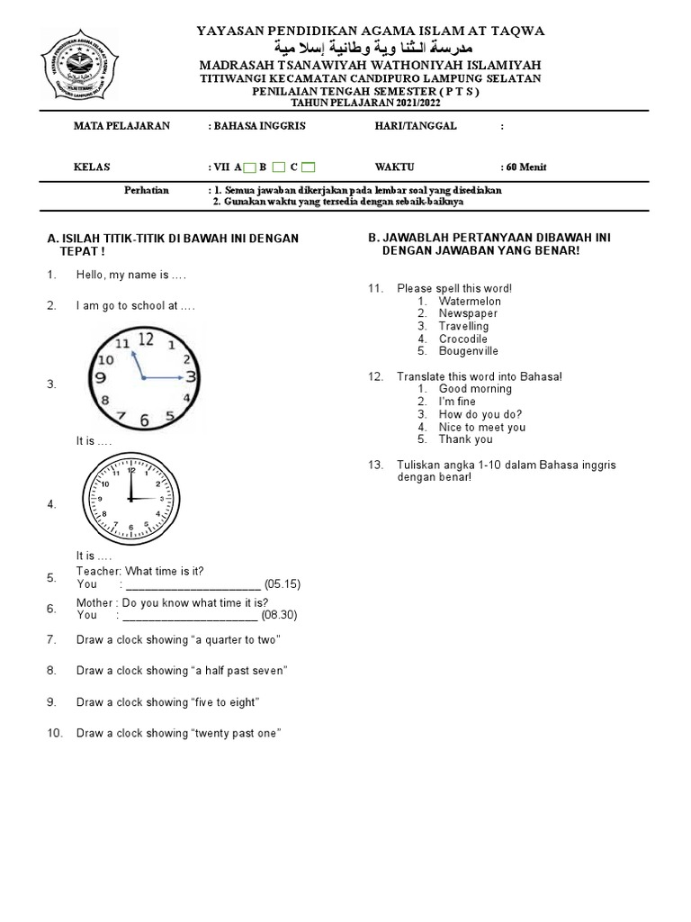 Form Soal Pts B.inggris Kls 7 | PDF