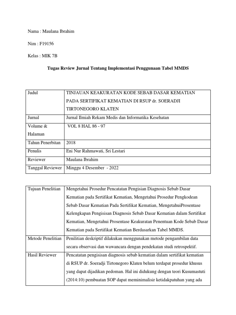 Review Jurnal Tentang Implementasi Penggunaan Tabel MMDS - Maulana - MIK7B - F19156 | PDF