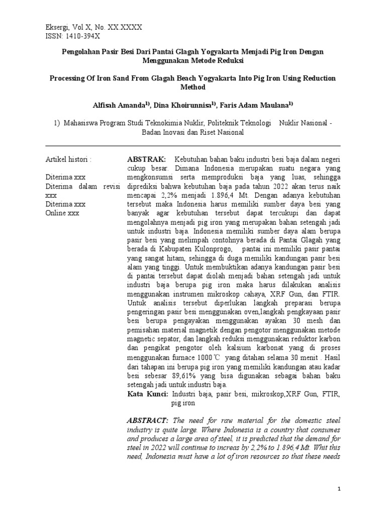 Jurnal Pengolahan Pasir Besi Dari Pantai Glagah Yogyakarta Menjadi Pig ...