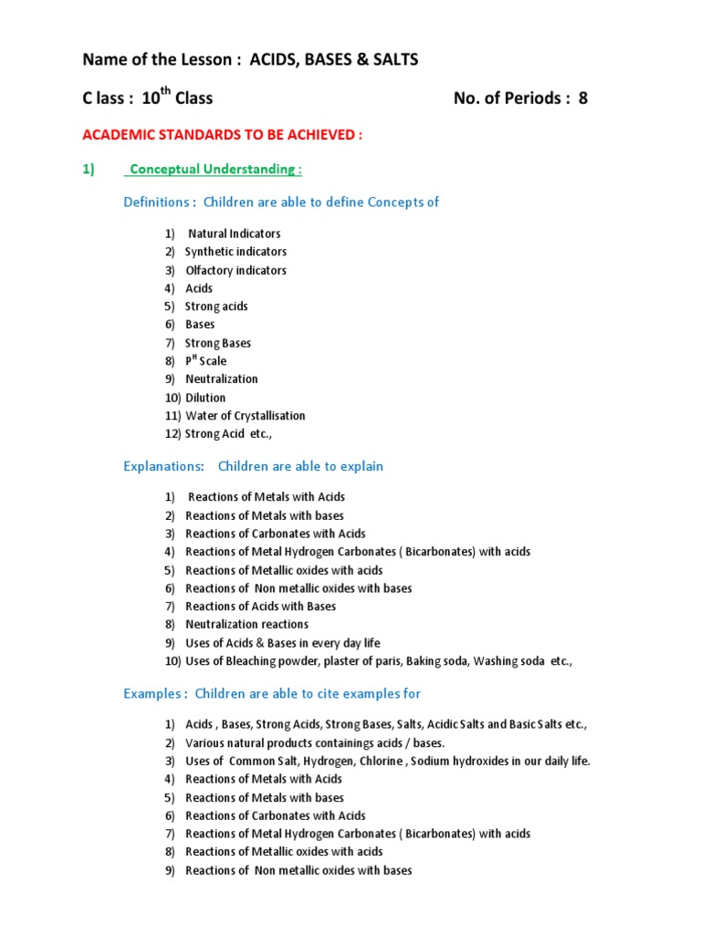 Acids, Bases & Salts Lesson Plan | PDF | Ph | Acid