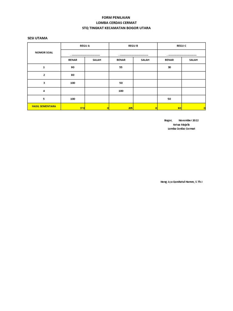 Form Penilaian LCC STQ Bogor Utara | PDF