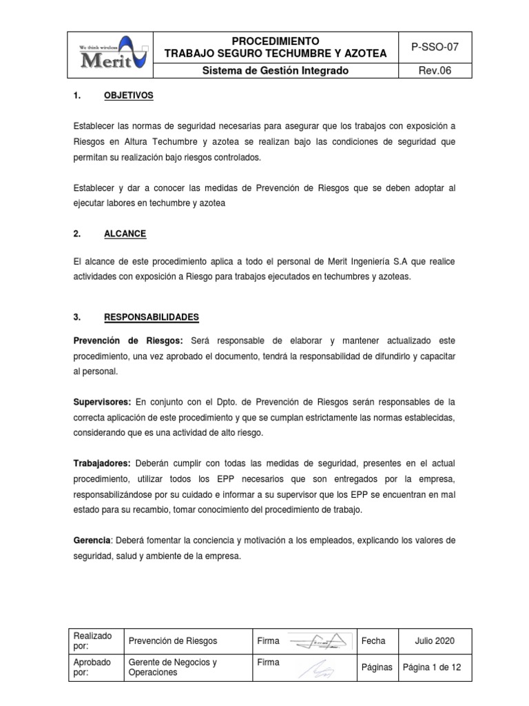 P-SSO-07 Procedimiento para Trabajo Seguro Techumbre y Azotea Rev 06 | PDF | Tecnología