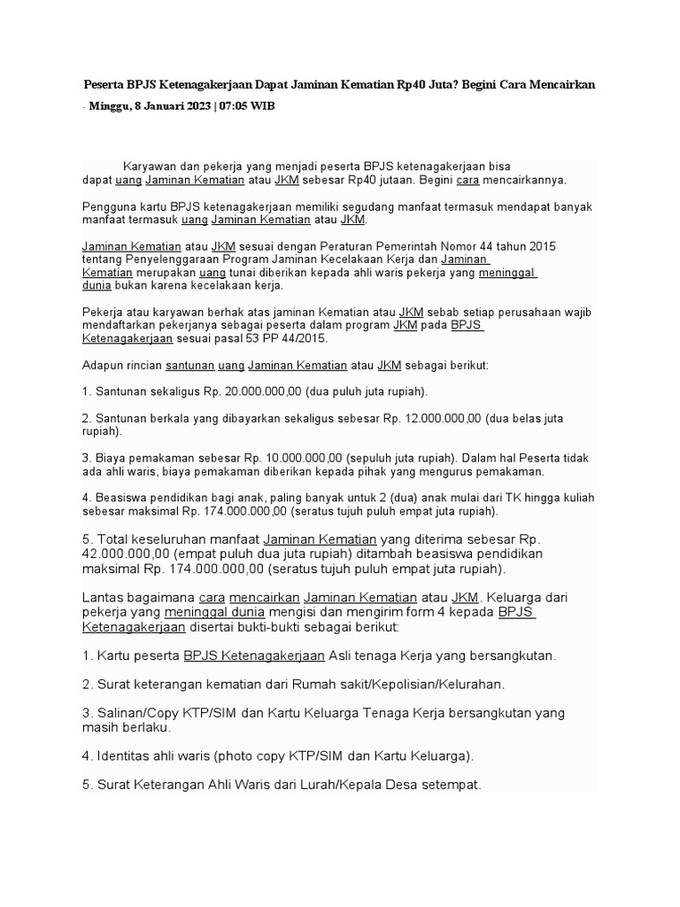 Bpjs Jkm Peserta Bpjs Ketenagakerjaan Dapat Jaminan Kematian Rp40 Juta
