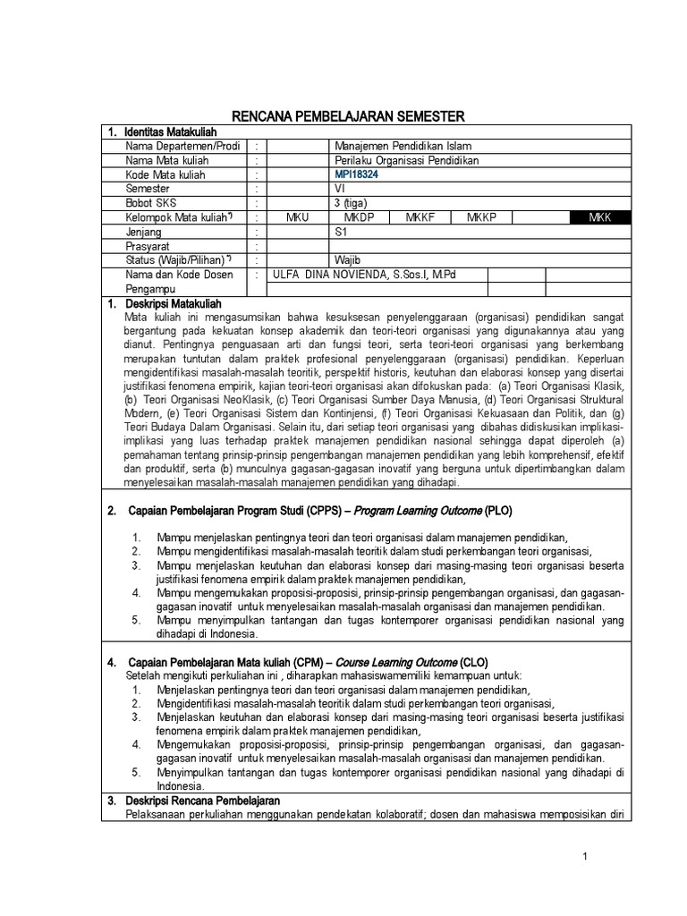 RPS-Perilaku Organisasi Pendidikan MPI Kelas C3 Dan C4 | PDF