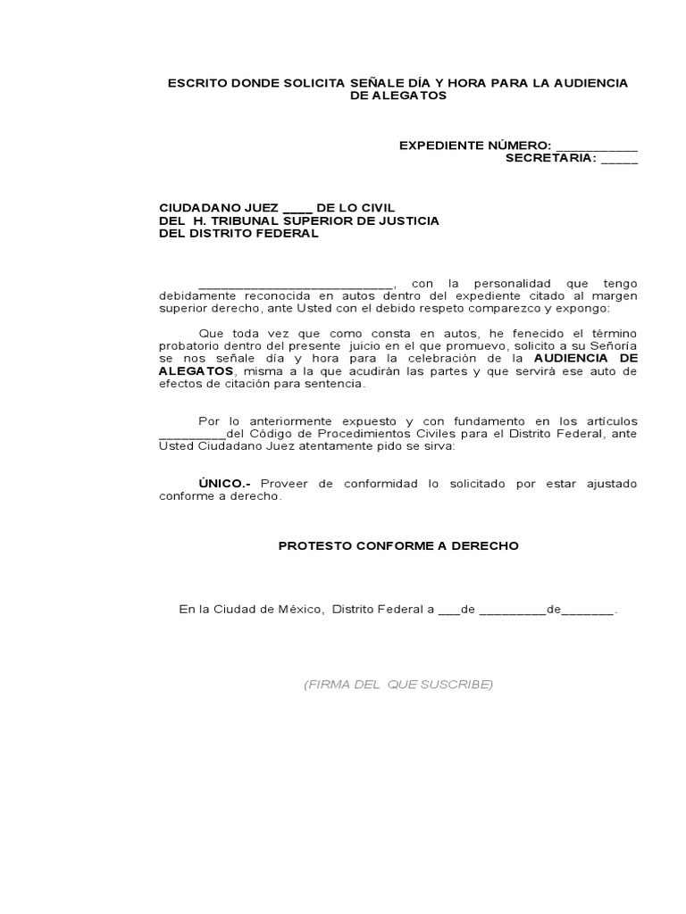 Escrito Donde Solicita Señale Día y Hora para La Audiencia de Alegatos ...
