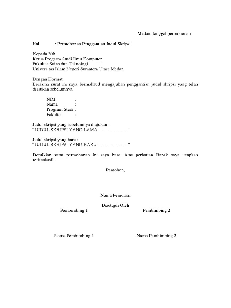 Surat Permohonan Penggantian Judul Skripsi | PDF
