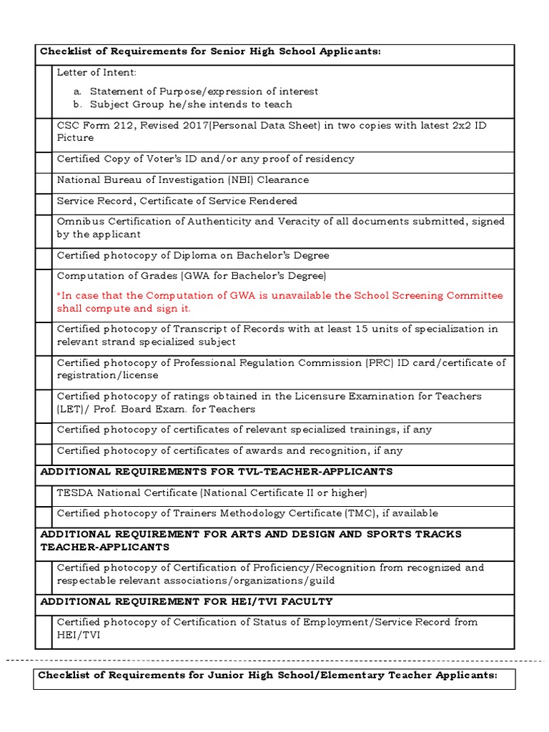 Checklist of Requirements For SHS-JHS-ELEM | PDF | Academic Degree ...