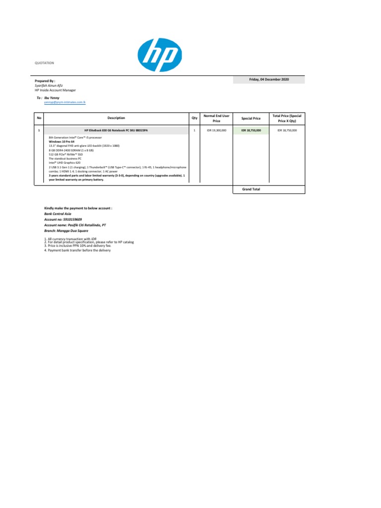 HP Product Quotation For Ibu Yenny 04122020 ELITEBOOK | PDF