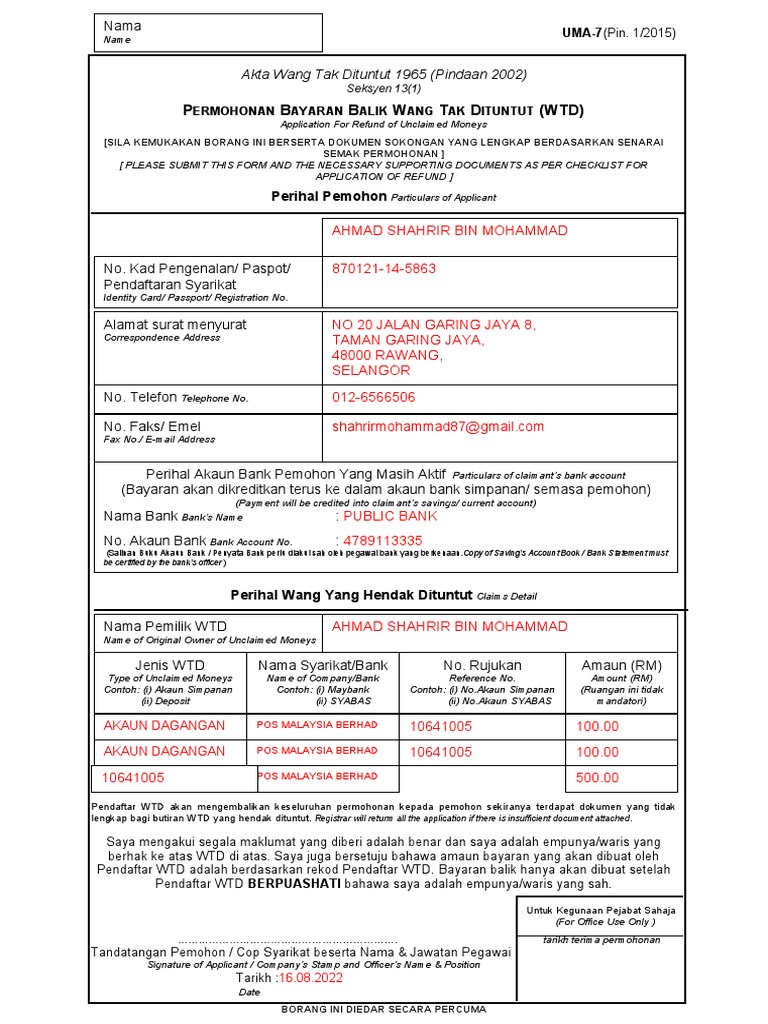 2.0 Borang Permohonan Bayaran Balik WTD (UMA-7) | PDF