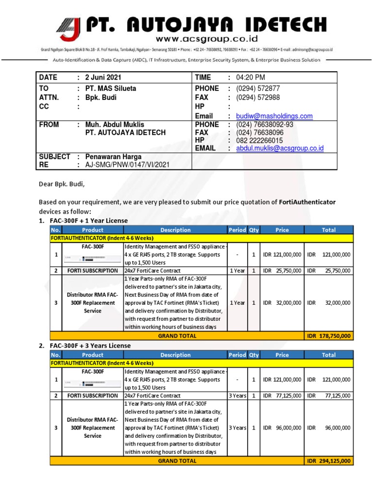 Penawaran PT. MAS Silueta - FortiAuthenticator 300F (020621) | PDF