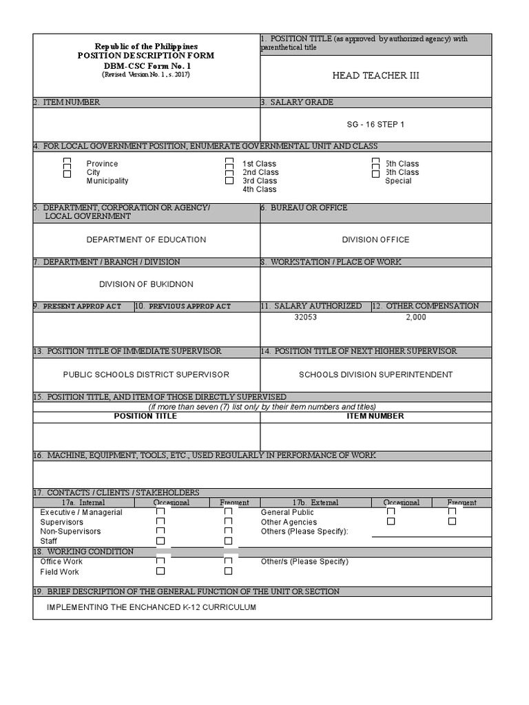 DBM-CSC-Form-No.-1-Position-Description-Forms-HT- | PDF | Teachers ...