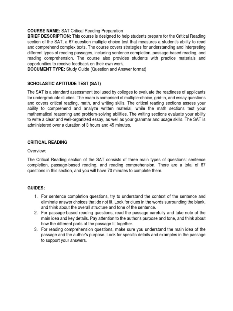 SAT Critical Reading Preparation | PDF | Sat | Coral Reef