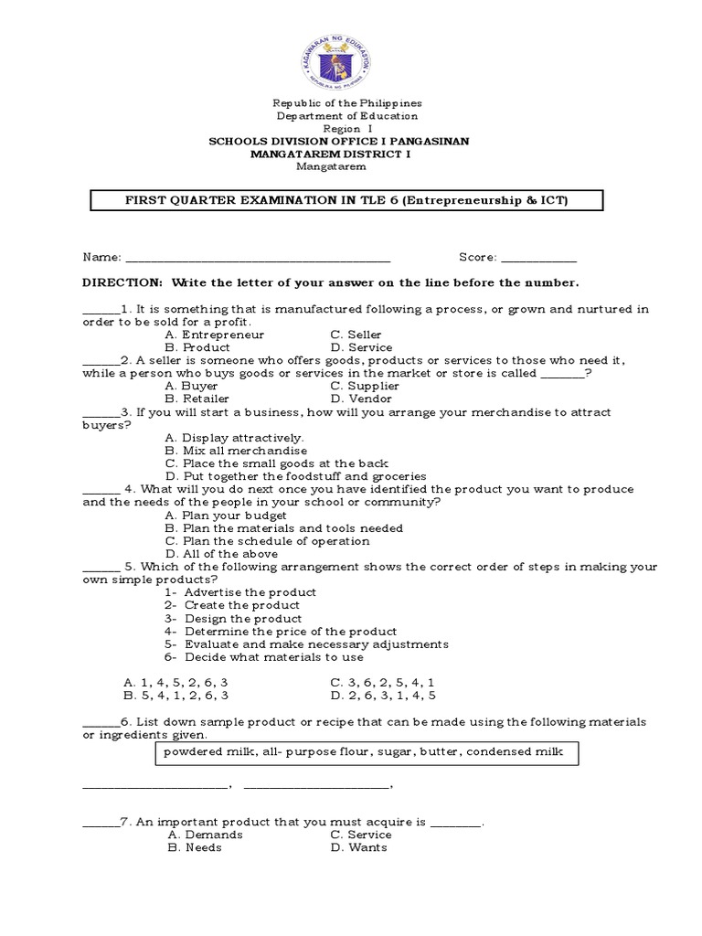 Unang Markahang Pagsusulit Sa EPP6 EPP SY. 22 23 | PDF | Microsoft Excel | Application Software