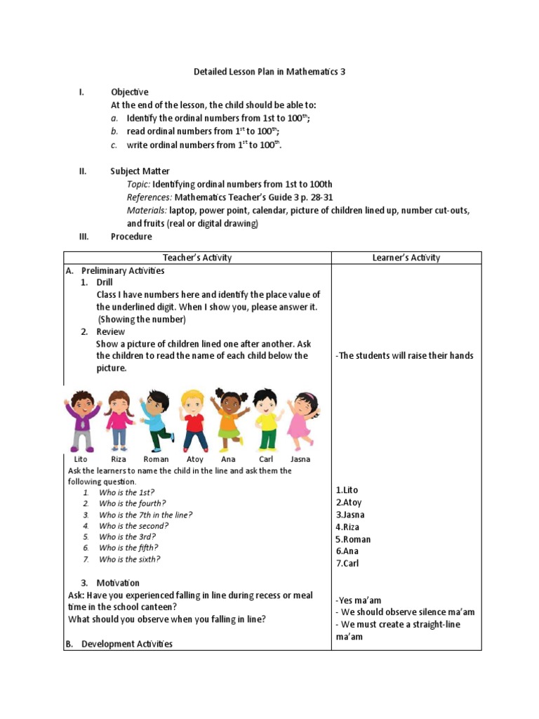Ordinal Numbers from 1st to 100th: A Detailed Lesson Plan for Teaching ...