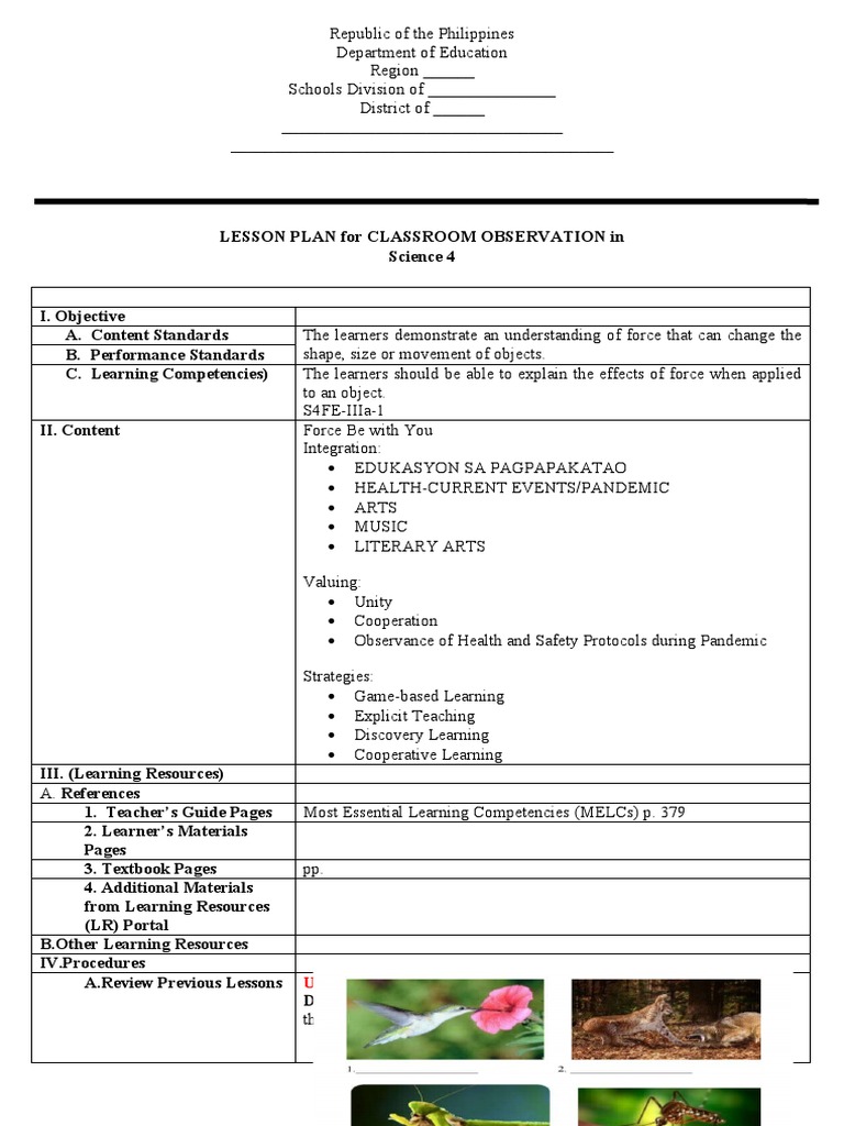 Science 4 Lesson Plan on Force | PDF | Force | Learning
