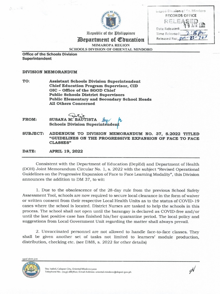 Addendum To Division Memorandum No. 37, S. 2022 Titled Guidelines On ...