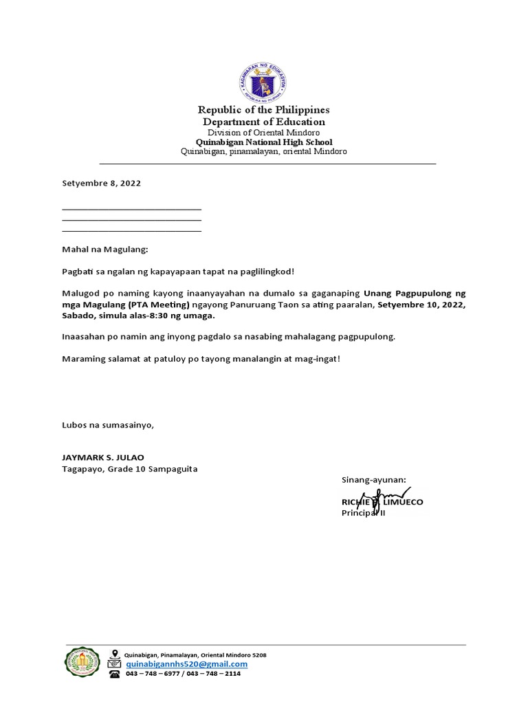 Letter First Pta Meeting Sy 2022 2023 | PDF
