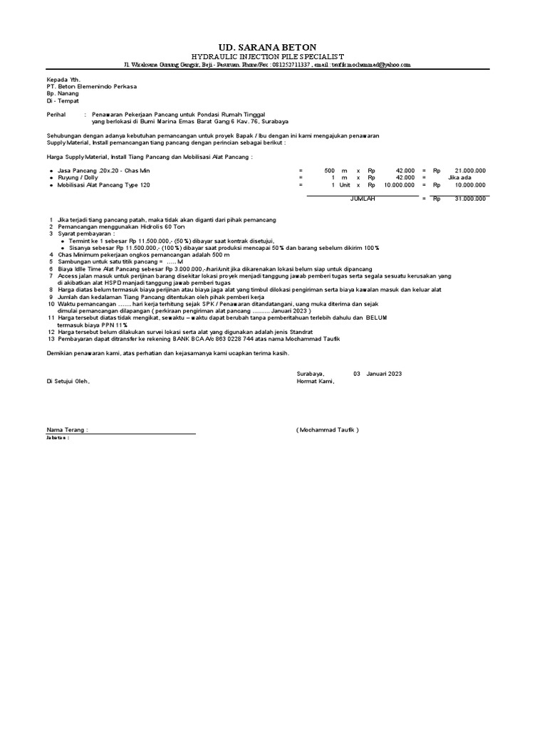 To. Bp. Nanang BEP - Proy. Bumi Marina Emas Barat Gang 6 Kav. 76 (Tp. 20x20) | PDF