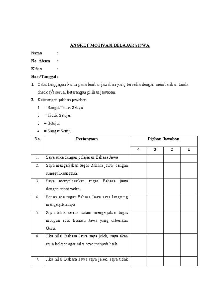 Angket Motivasi Belajar Siswa | PDF