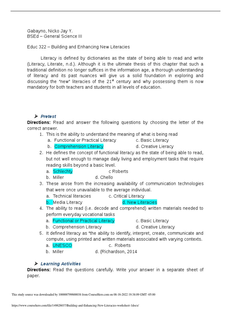 Building and Enhancing New Literacies Worksheet 1 | PDF | Literacy ...