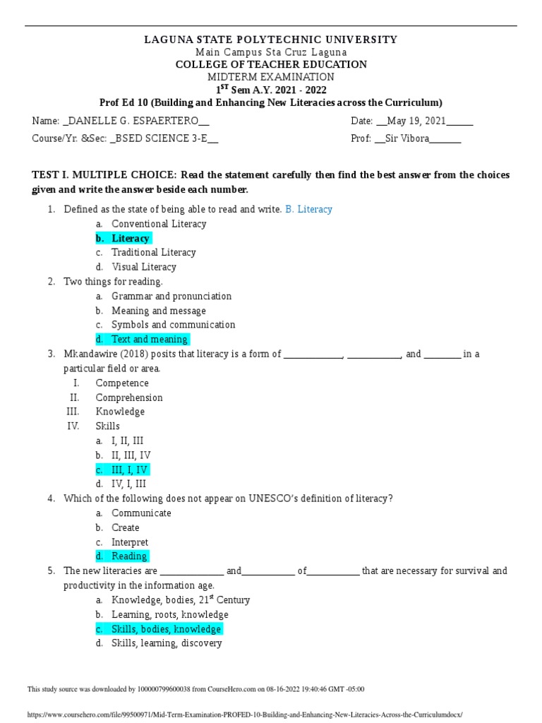 Mid Term Examination PROFED 10 Building and Enhancing New Literacies ...